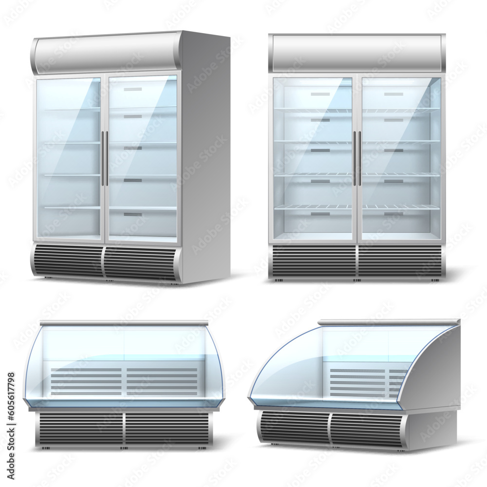 Realistic fridges showcases. Isolated commercial refrigerators and ...