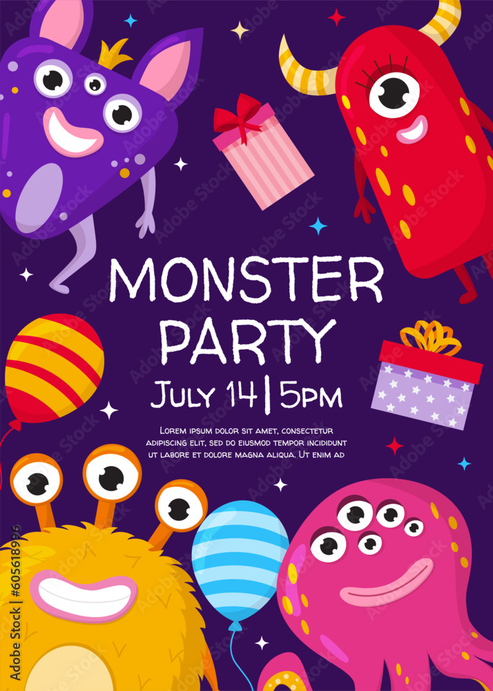 Vector monsters party happy birthday poster template. Funny alien ...
