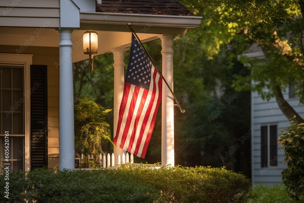 American flag hanging proudly on a front porch, American Flag ...