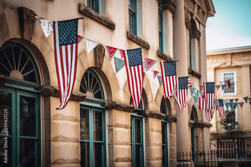 American flag-themed bunting draped over a historic building, American ...