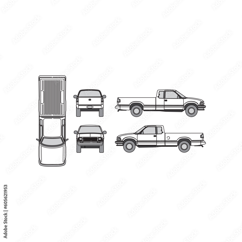 pickup truck outline, year 1997, isolated white background, front, back ...