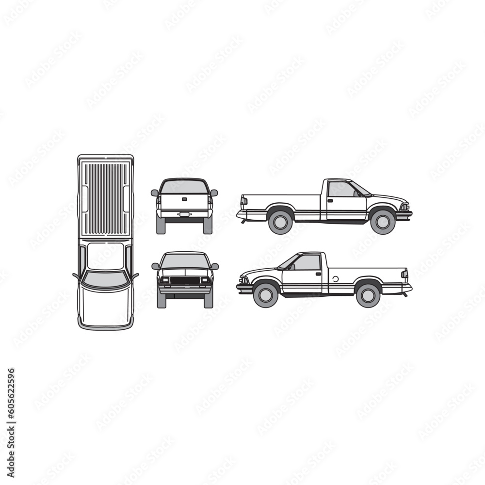 pickup truck outline, year 1997, isolated white background, front, back ...