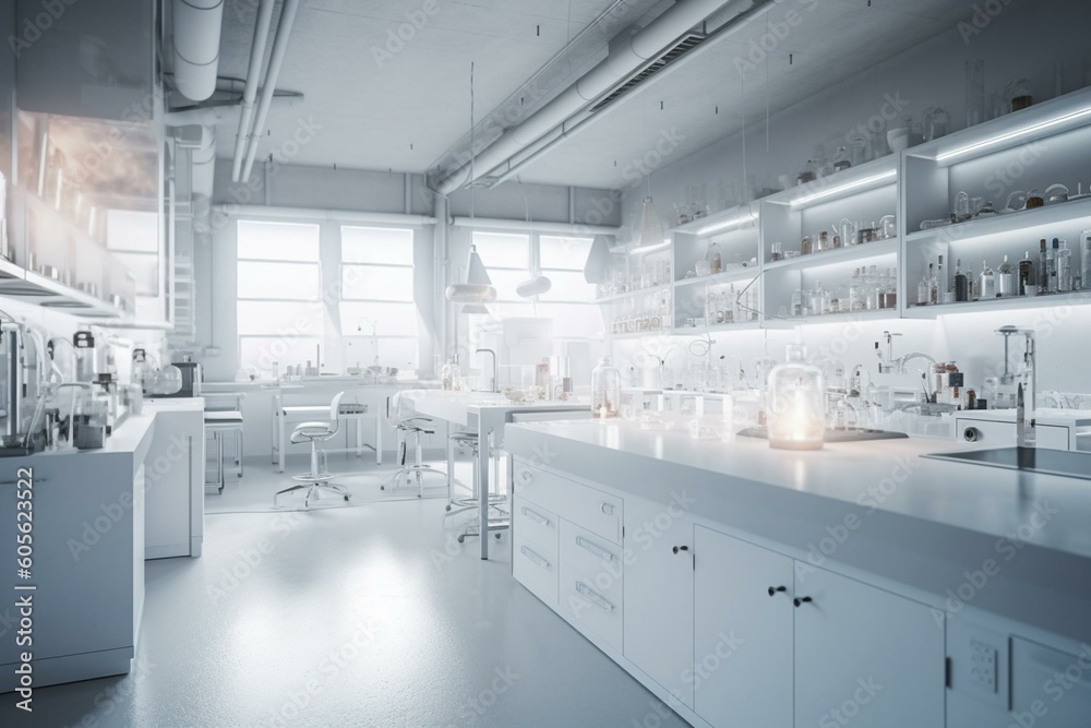 Contemporary laboratory space designed with pristine white aesthetic ...