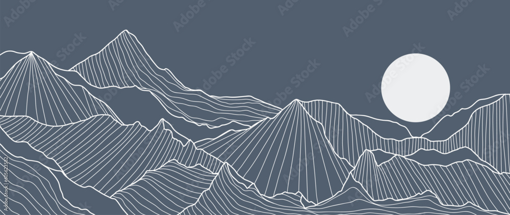 Mountain line art wallpaper. Contour drawing luxury scenic landscape ...