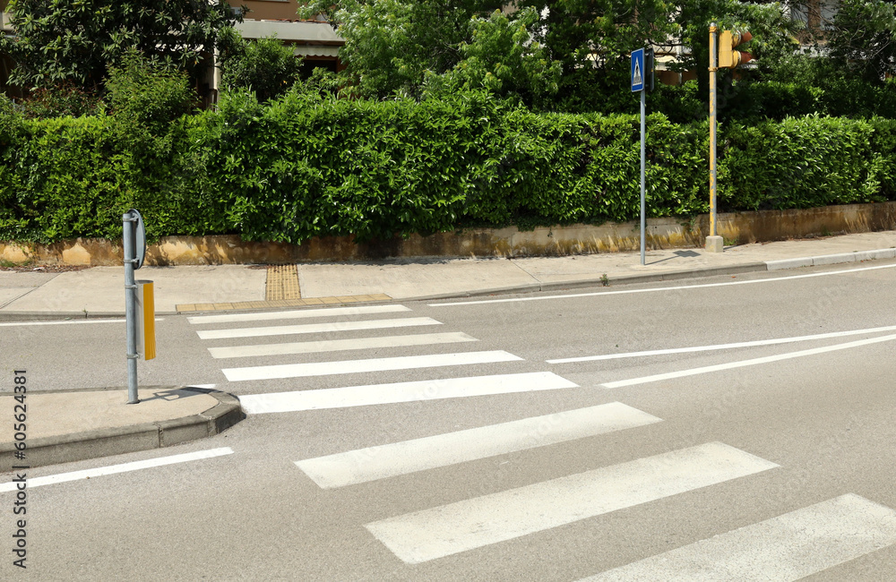 Crosswalk with in front a road sign, a concrete sidewalk and fence made ...