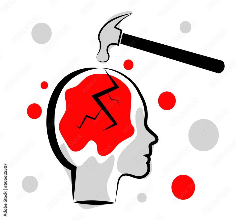 The hammer breaks the head. Traumatic brain injury. Headache. Vector ...