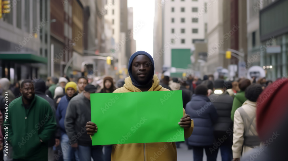 Man of African American descent holding up a sign at a rally or ...