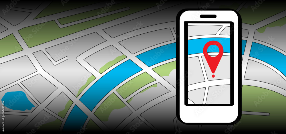 Mobile map with pin pointers. Smart phone, navigation or navigator ...