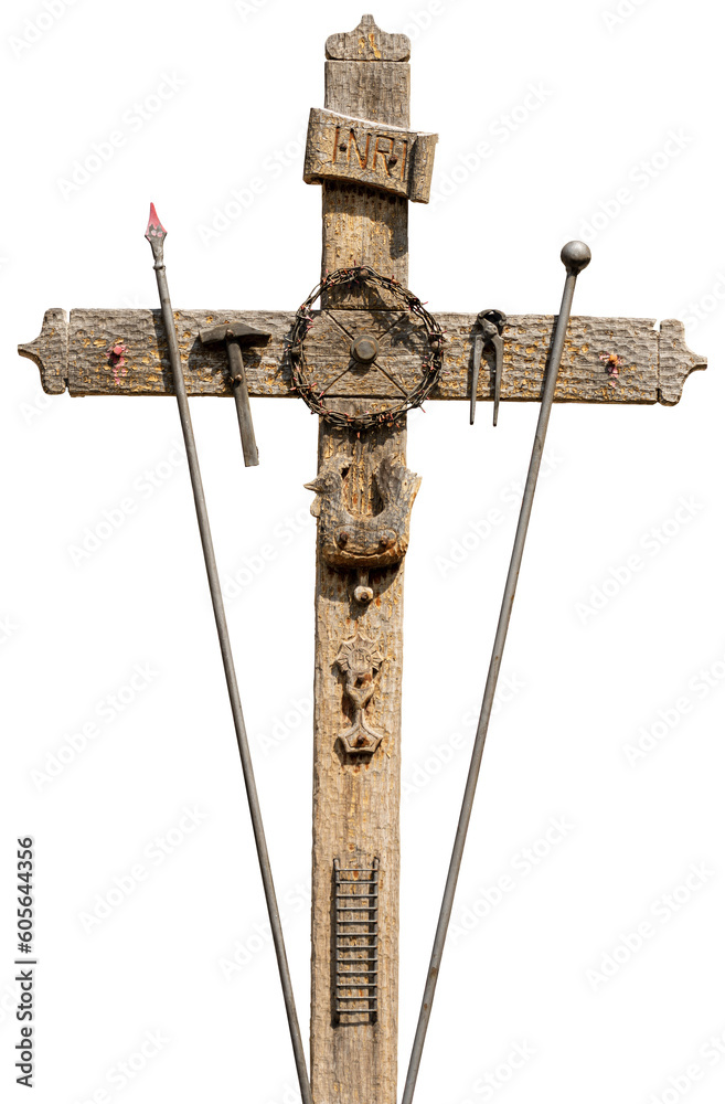 Wooden cross with the symbols of the Passion of Jesus Christ, pincer ...