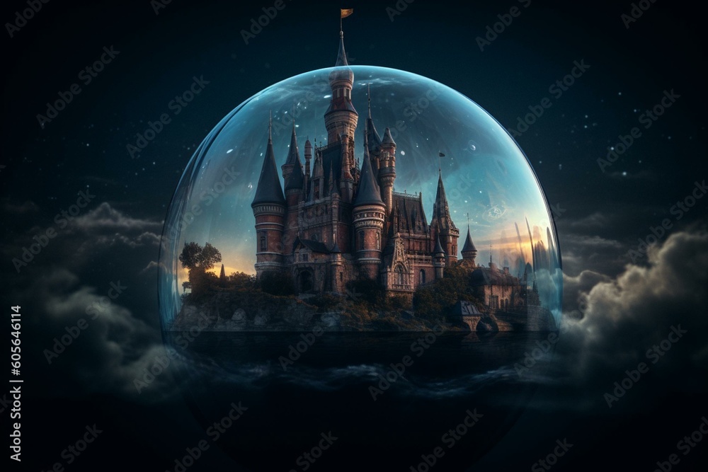 Floating castle on surreal night bubble. Digitally created. No real ...