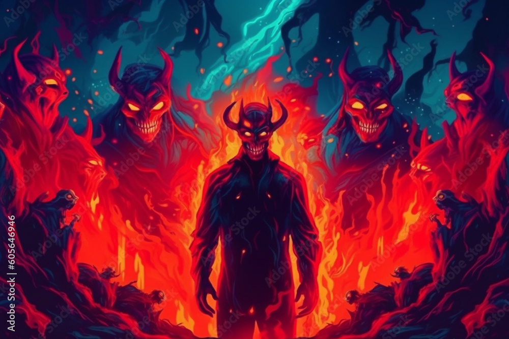 Concept of hell. Fierce flames and raging fire surround a ...