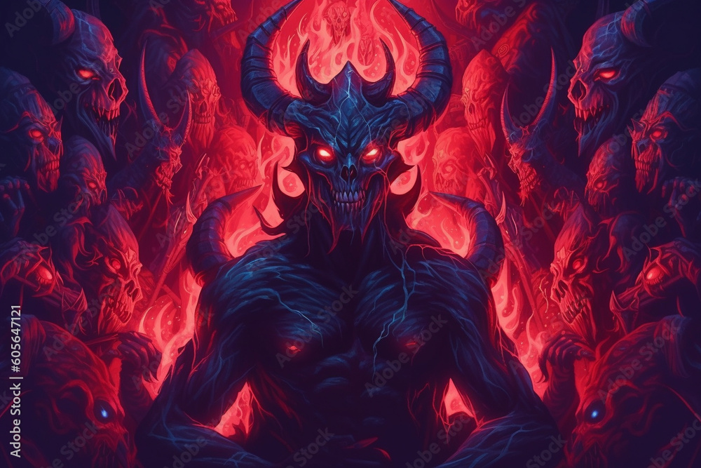 Concept of hell. Fierce flames and raging fire surround a ...