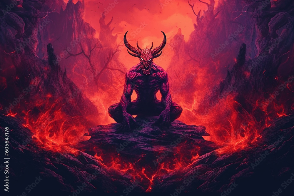 Concept of hell. Fierce flames and raging fire surround a ...