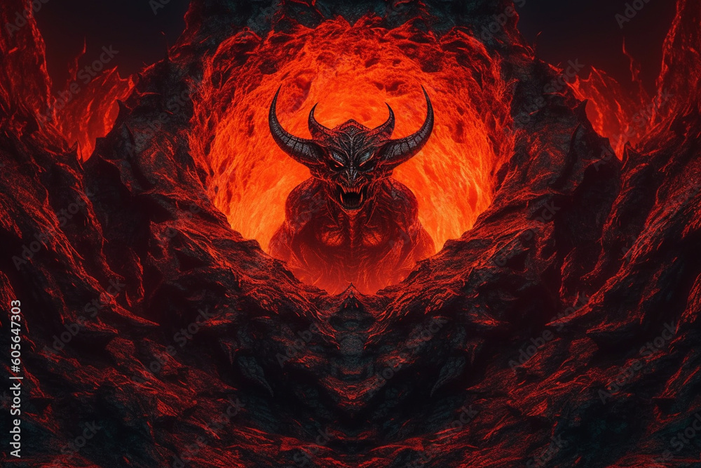 Concept of hell. Fierce flames and raging fire surround a ...