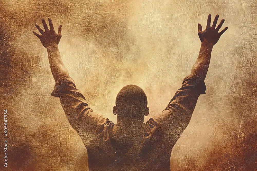 Foto de Artwork of a man raising hands in worship do Stock | Adobe Stock