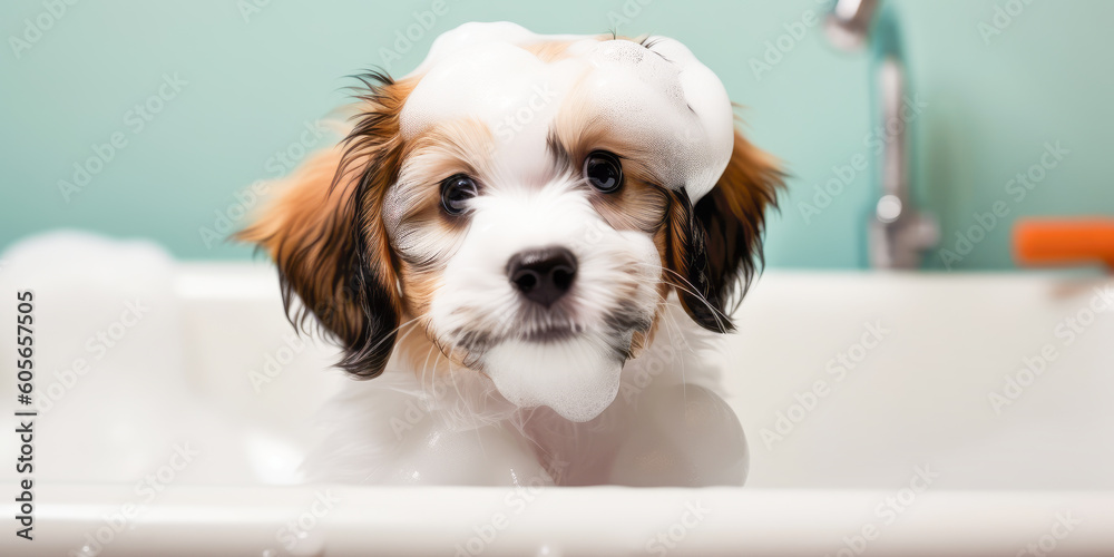Cute dog taking a bath. The dog is sitting in a bubble bath, dog ...