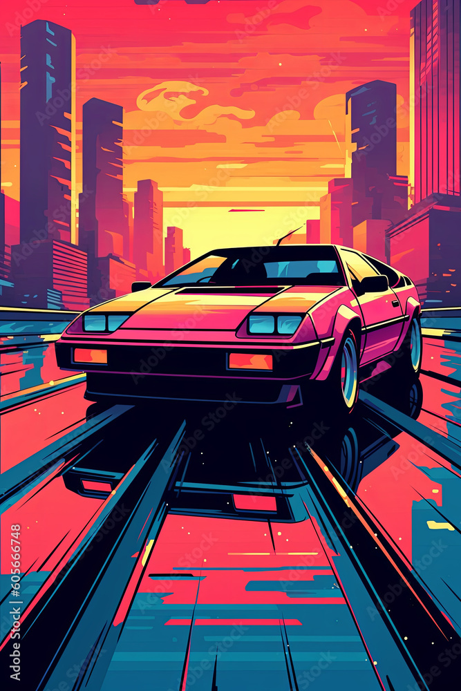 A vector illustration of a retro sports car with bold lines, vibrant ...