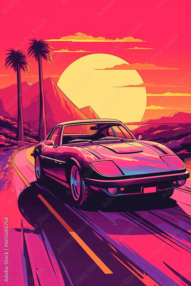 A vector illustration of a retro sports car with bold lines, vibrant ...