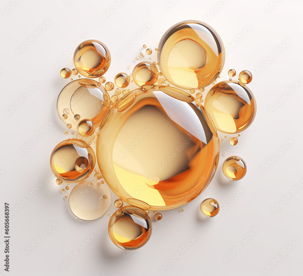 Oil bubbles and drops splash, gold background of droplets merge. AI ...