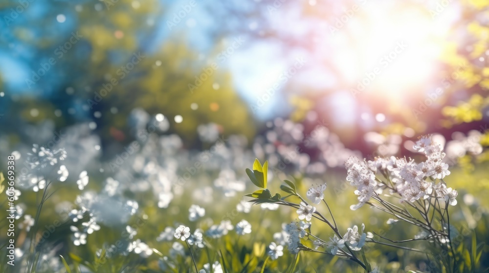 Behold a beautiful spring background with a blooming glade, trees, and ...