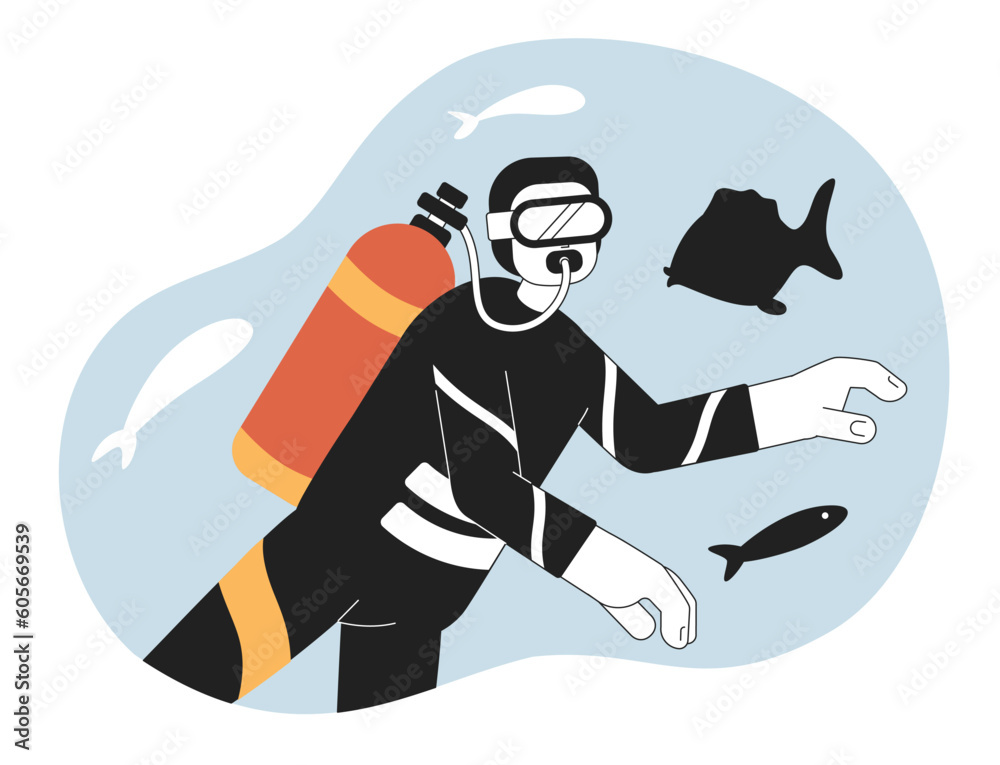 Underwater diving concept hero image. Scuba diver exploring sealife 2D ...