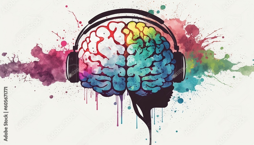 abstract background of a colorful brain with headphones, white ...