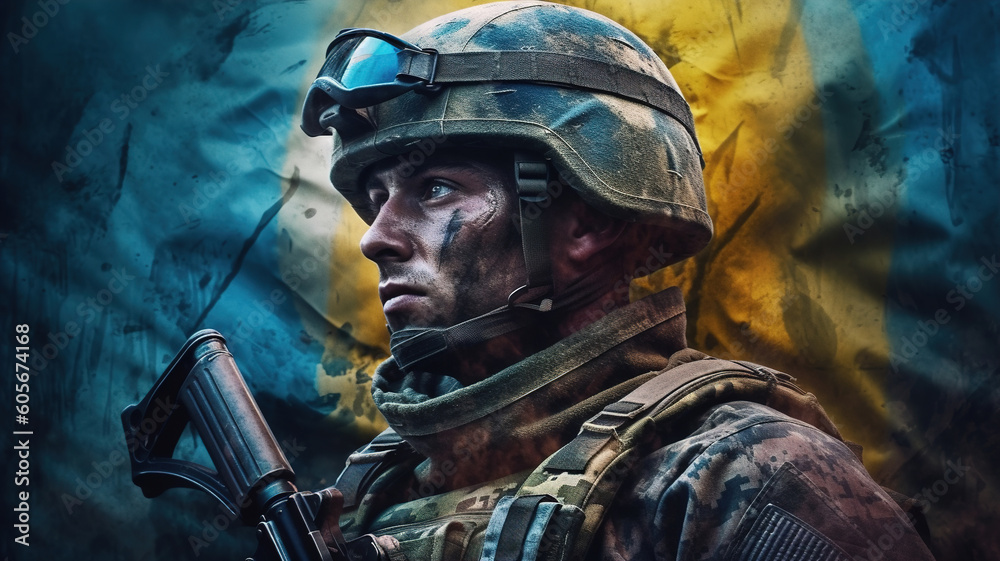Soldier in military uniform UA army against the Ukrainian national flag ...