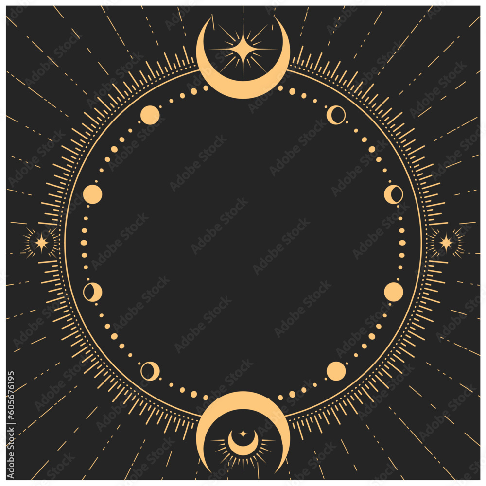 Mystic round frame with lunar phases, tarot magic and astrology border ...
