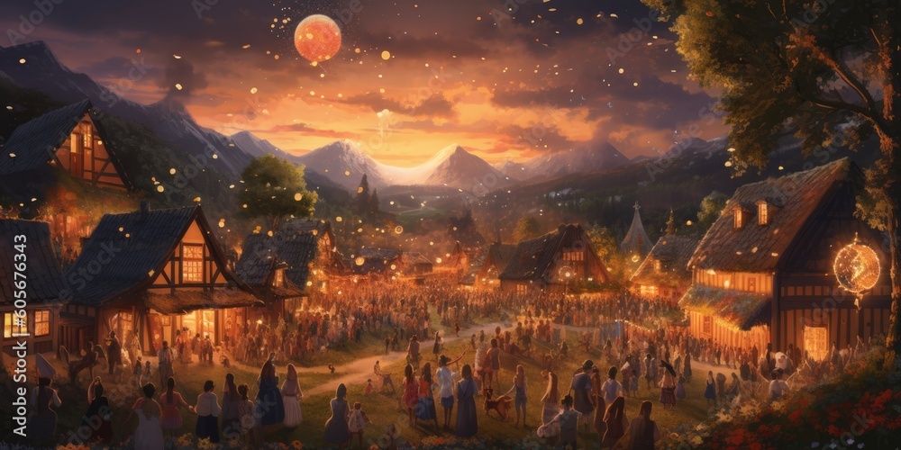 Midsummer's Eve celebration in a Scandinavian village, with villagers ...