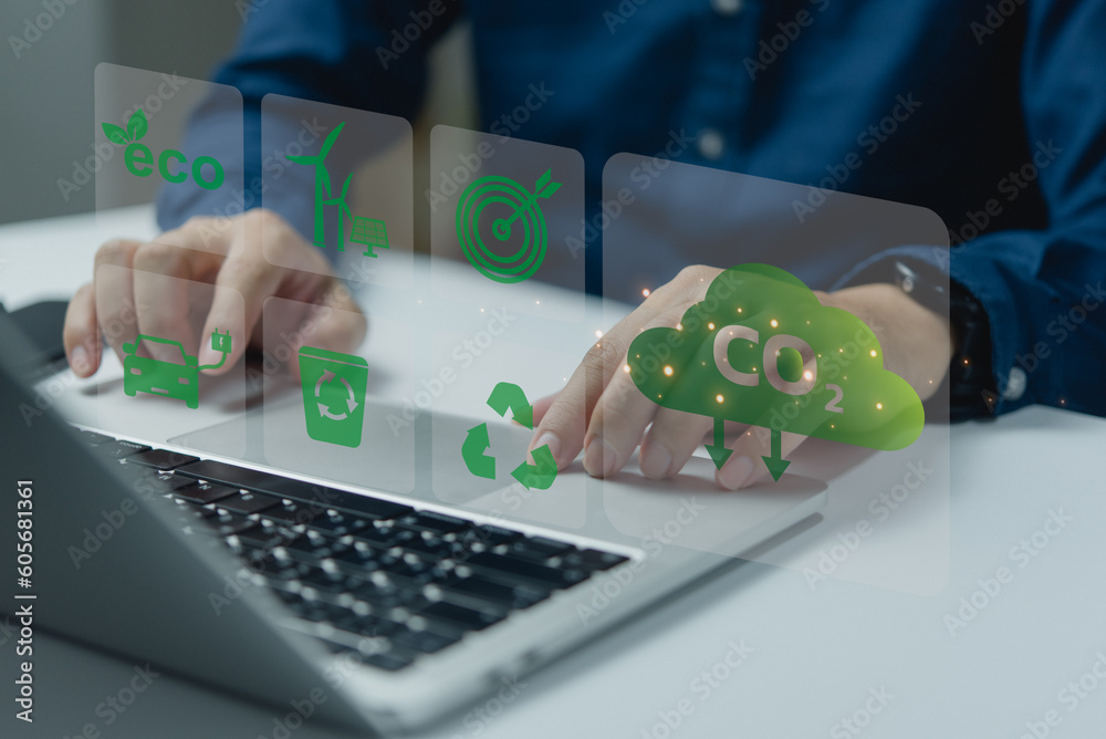 Virtual Global with CO2 reducing icon for concept of decrease carbon dioxide emission ,carbon ...