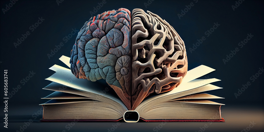 Image of the human brain on the pages of an open book. Generative AI ...