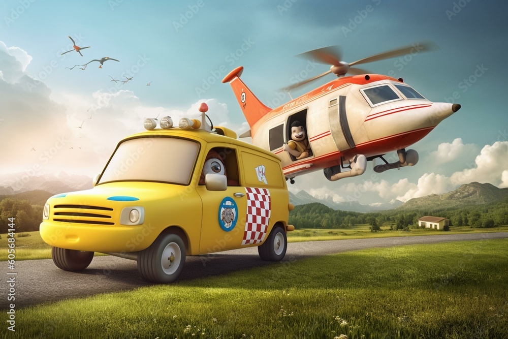 Happy ambulance car and flying plane for kids - cartoon illustration ...