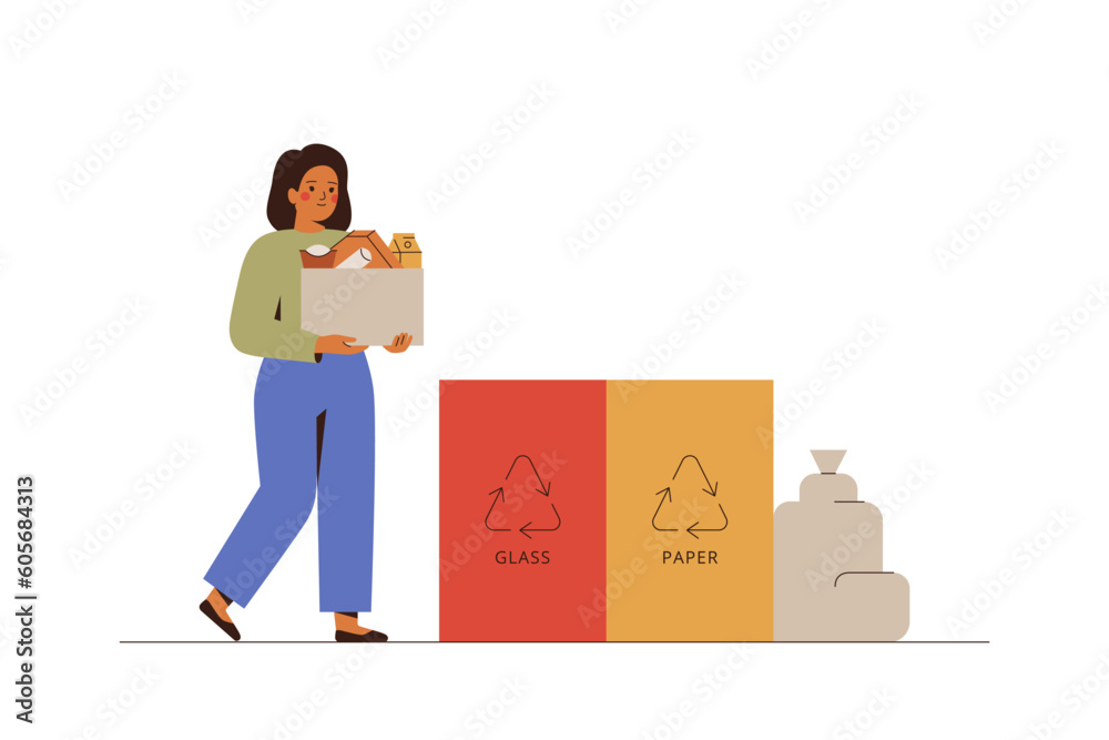 Young woman sorting paper and carton garbage. Female character holds ...