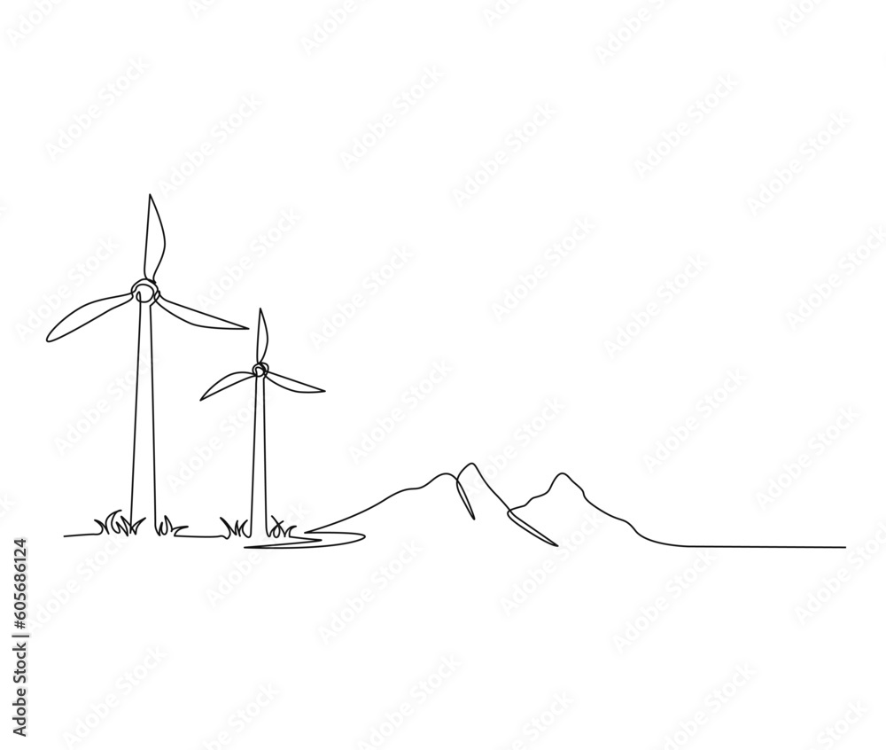 Continuous one line drawing of wind turbines power eco energy. Wind ...
