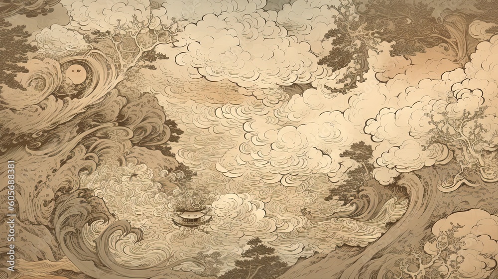 Japanese traditional Ukiyo-e landscape in brown, texture of old paper ...