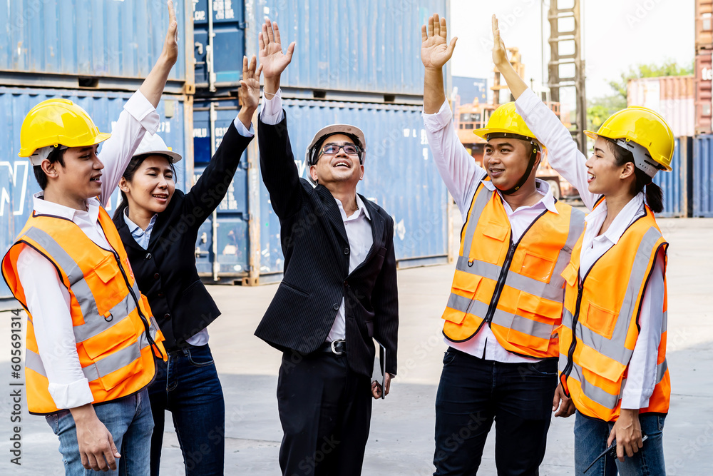 Group of employees and management team wearing logistic uniforms for ...