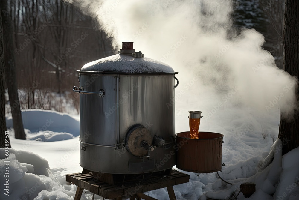 maple sap evaporator, with steam rising, and the sweet smell of maple ...
