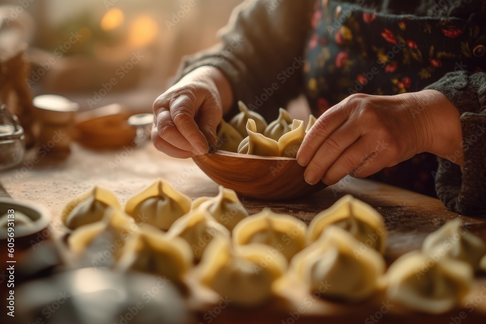 Meticulous female hands engaged in the preparation of manti, a beloved ...