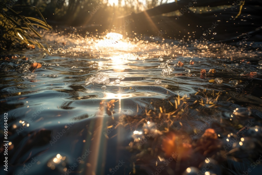 microplastic particles floating in the water, with sunlight shining ...