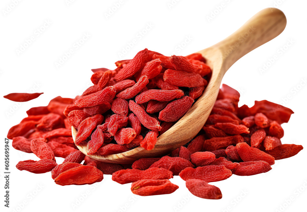 Bunch of bio goji berries with wooden spoon. Isolated on a transparent ...