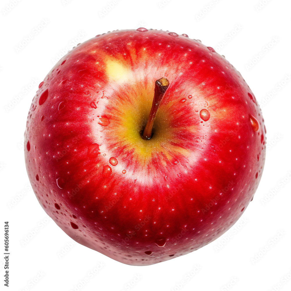 One red apple with water drops close up. Apple top view. Isolated on a ...