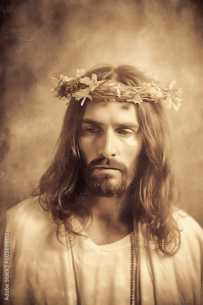 portrait of Jesus Christ with long hair and beard, wearing a white robe ...