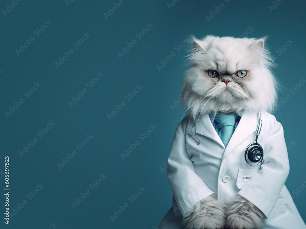 An anthropomorphic persian cat dressed as doctor hyper-realistic,the ...