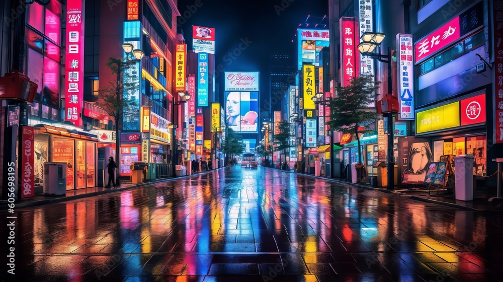 A night of the neon street at the downtown wide shot. Shinjuku district ...