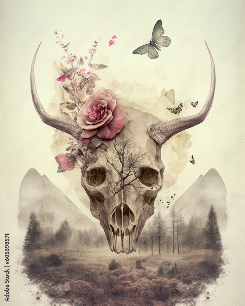 skull and bones, image of an ox skull with flowers and butterflies, in ...