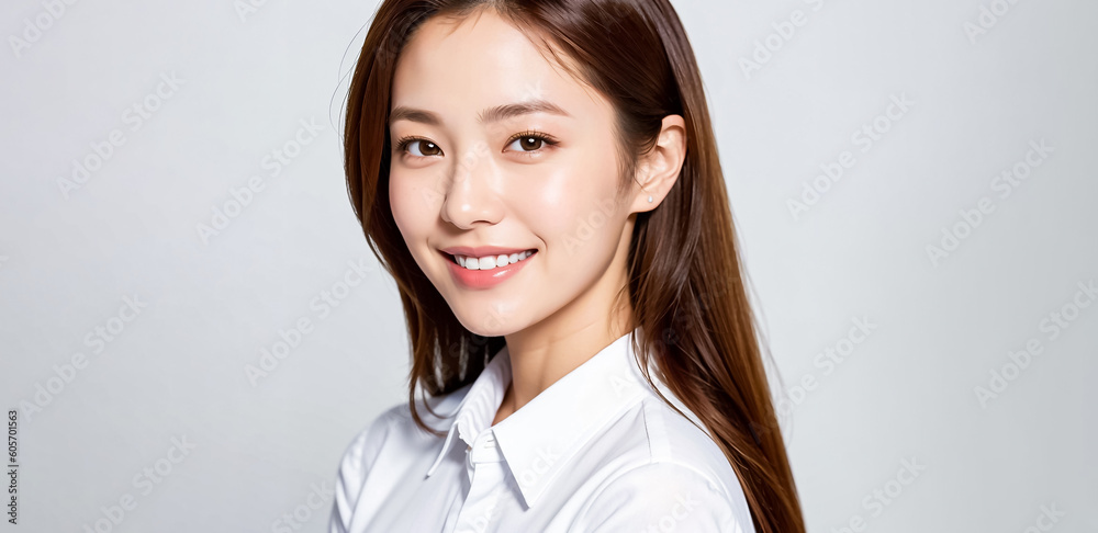 A charming Asian girl with a friendly demeanor dons a white shirt as ...