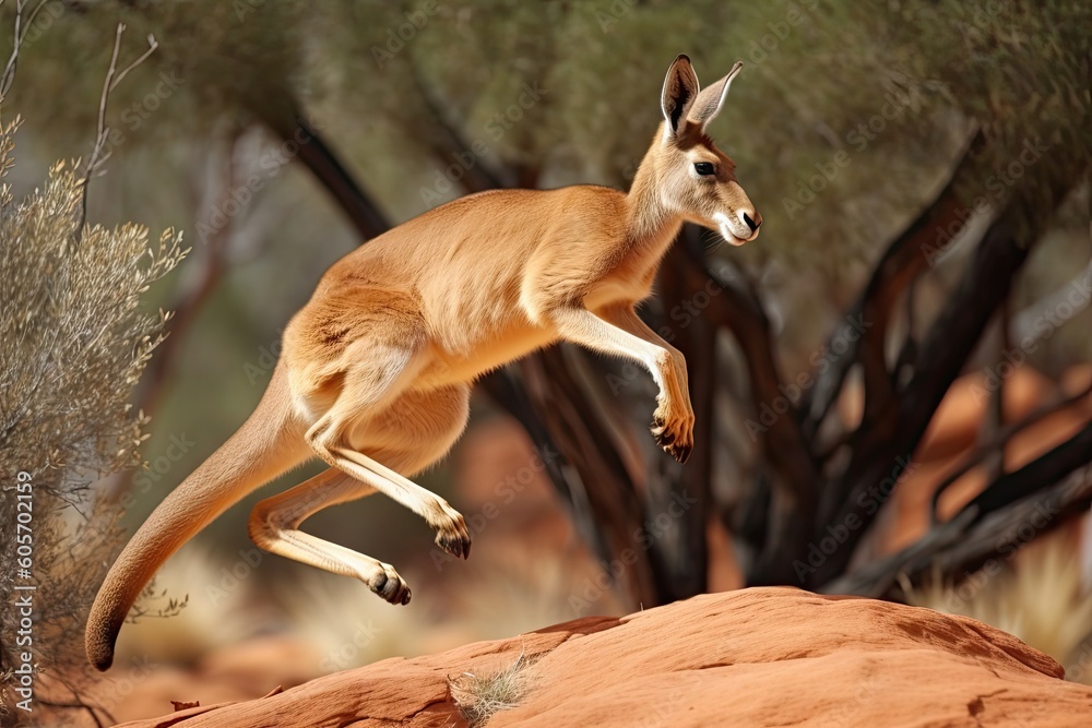 kangaroo jumping high, in mid-leap, displaying its powerful legs and ...