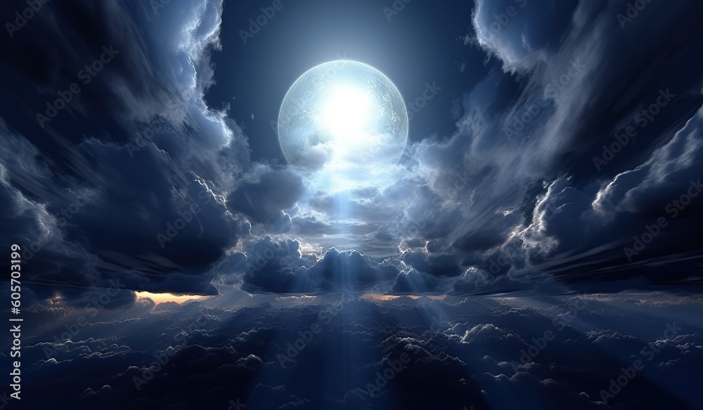 Beautiful realistic flight over cumulus lush clouds in the night ...