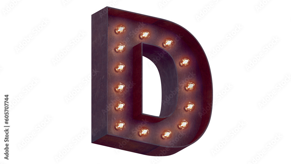 Light bulb glowing letter alphabet character D font. Perspective view ...