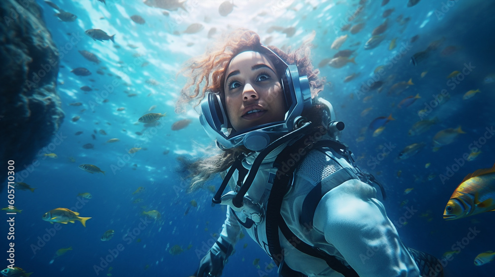 Generative ai illustration fantastic young woman scuba diving ...